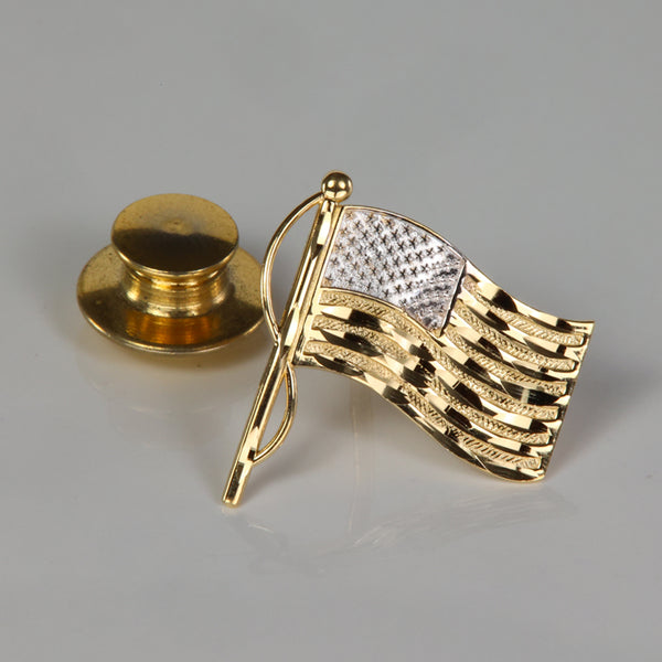 14K Yellow Gold Diamond Cut American Flag Pin - Moriartys Gem Art