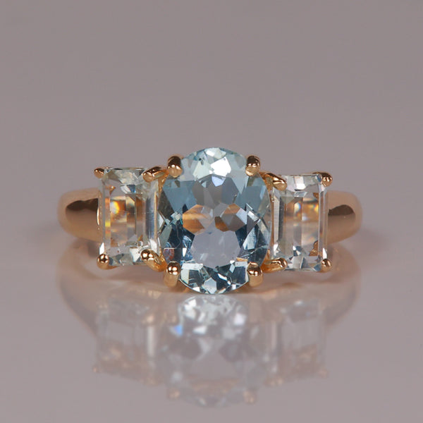 14K Yellow Gold Aquamarine and Goshenite Ring - Moriartys Gem Art
