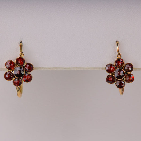 14K Yellow Gold Garnet Flower Earrings - Moriartys Gem Art