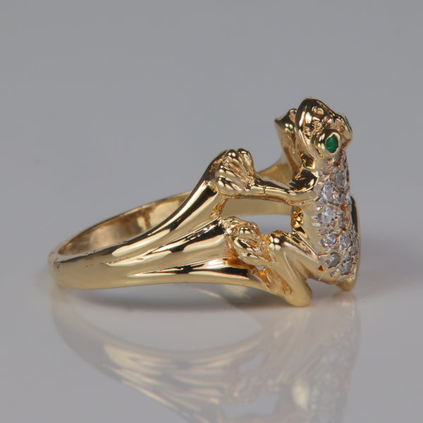 14K Yellow Gold Diamond and Emerald Frog Ring - Moriartys Gem Art