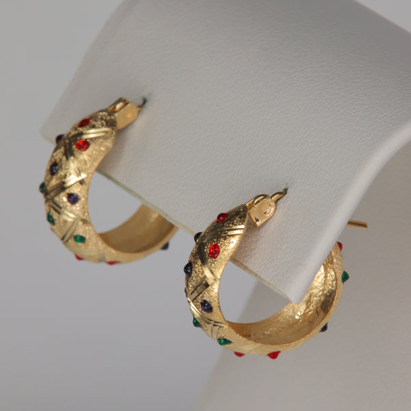 14K Yellow Gold Multi Color Enamel Textured Hoop Earrings - Moriartys ...