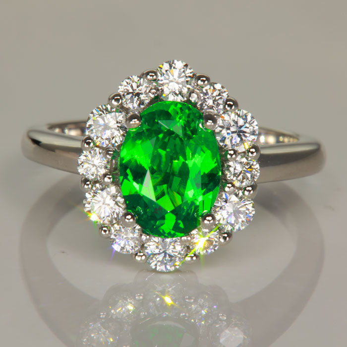 Platinum Oval Tsavorite and Diamond Halo Ring 2.40cts - Moriartys Gem Art